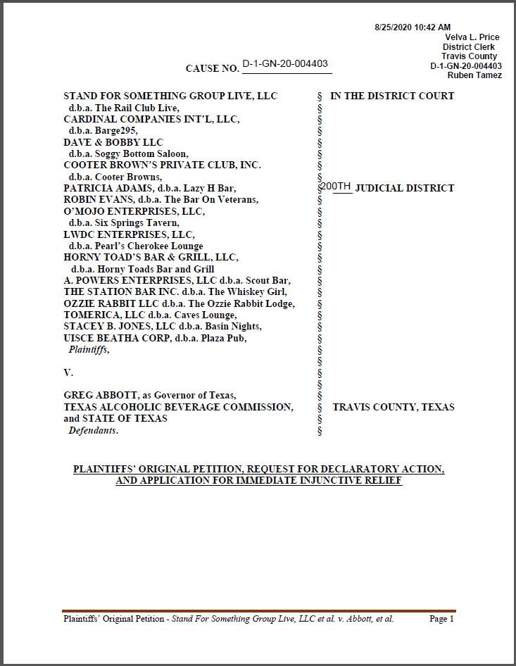 Texas Bar Fight against Gov. Abbott, the State of Texas, and the TABC